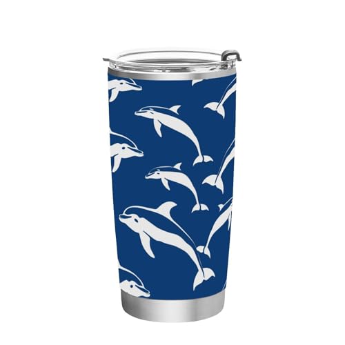 sanluoli Dolphin Silhouettes Blue and White Stainless Steel cups with lids reusable with Straw Lid leak proof coffee travel mug for outdoor portable Vacuum Insulated Tumbler 20 OZ