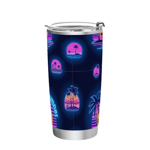 sanluoli Summer Neon Coconut Tree Sunset Stainless Steel cup with straw with Straw Lid coffee mug insulated for camping modern vacuum insulated tumbler with lid 20 OZ