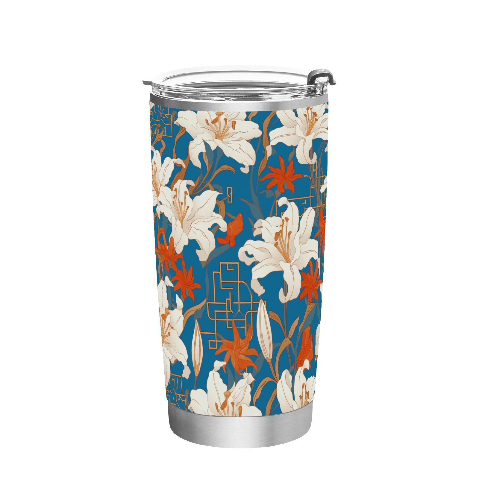 sanluoli Flat Geometric Pattern Lily Colorful Stainless Steel insulated coffee cup with Straw Leak Resistant Flip mug for hot drinks for outdoor reusable tumbler with lid and straw 20 OZ