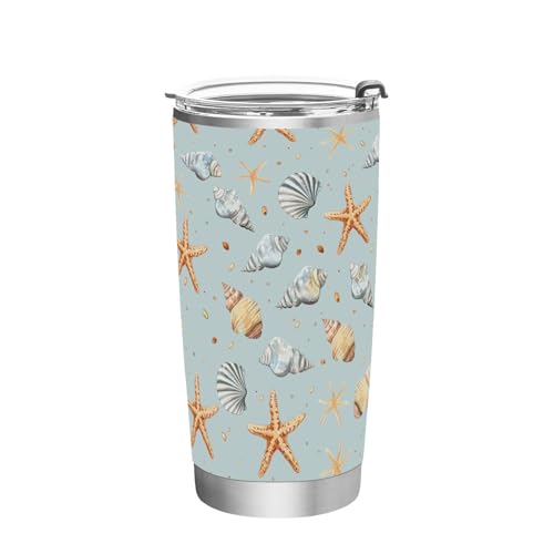 Small Starfish and Shells Light Blue Stainless Steel water bottle with straw Leak-proof Lid and Straw coffee mug for men for Water, Iced Tea or Coffee portable insulated tumbler with lid 20 OZ