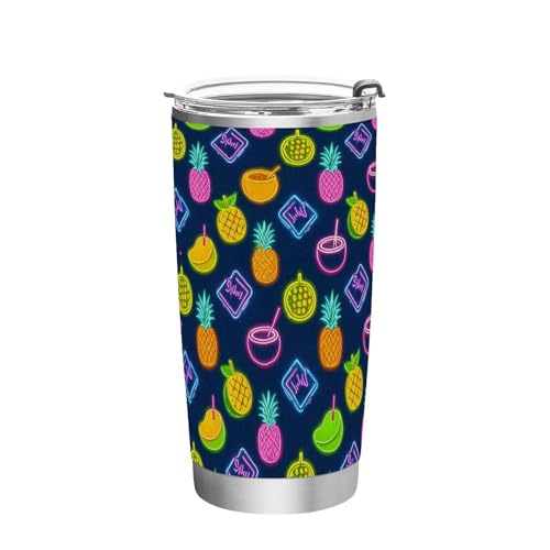 sanluoli Summer Neon Coconut fruit Pineapple Stainless Steel coffee cups with lids with Straw Lid coffee travel mug for gym portable insulated tumbler 20 OZ