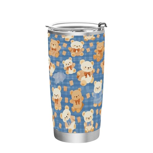 sanluoli Cartoon Bears Cute Plaids Stainless Steel coffee cup with Lid and Straw mugs for coffee for camping reusable insulated tumbler with lid 20 OZ