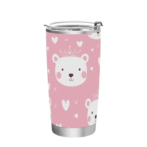 Cartoon Cute White Valentine Bear Stainless Steel water bottle with straw Leak-proof Lid and Straw travel coffee mug spill proof for Home, Office or Car cute straw tumbler 20 OZ