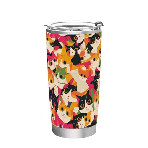 Retro Cartoon Cats Colorful Stainless Steel bottle with straw with Straw Lid travel coffee mug spill proof for Water, Iced Tea or Coffee modern coffee tumbler 20 OZ