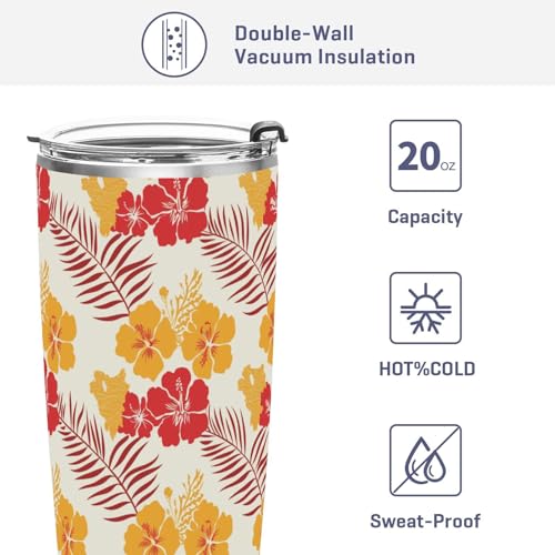 Tropical Style Flower Leaves Yellow and Red Stainless Steel car cup with Lid and Straw mug for hot drinks for hot and cold drinks leakproof flip straw tumbler 20 OZ
