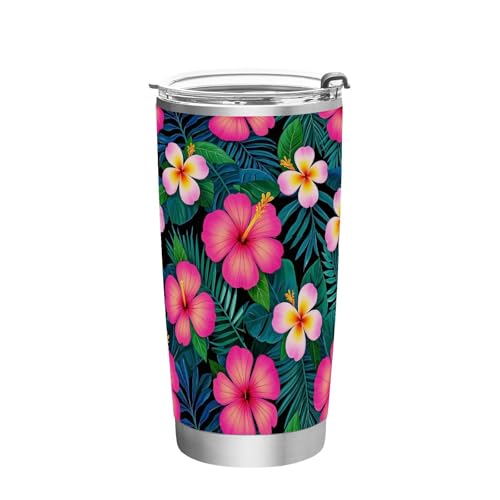 Summer Plumeria Hibiscus Palm Leaf Stainless Steel cups with lids with Lid and Straw coffee mugs with lids for Home, Office or Car safe tumbler with lid and straw 20 OZ
