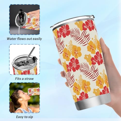Tropical Style Flower Leaves Yellow and Red Stainless Steel car cup with Lid and Straw mug for hot drinks for hot and cold drinks leakproof flip straw tumbler 20 OZ
