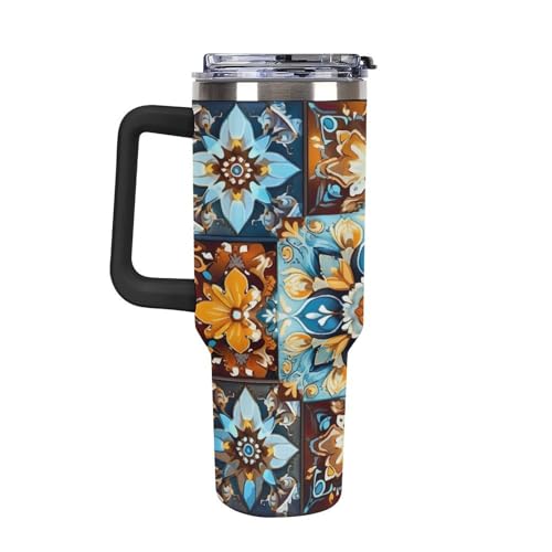 40 Oz Traditional Mexican Pattern Insulated Stainless Steel Tumbler with Handle & Straw Lid, Reusable Travel Cupholder Friendly Mug for Coffee, Water, Tea