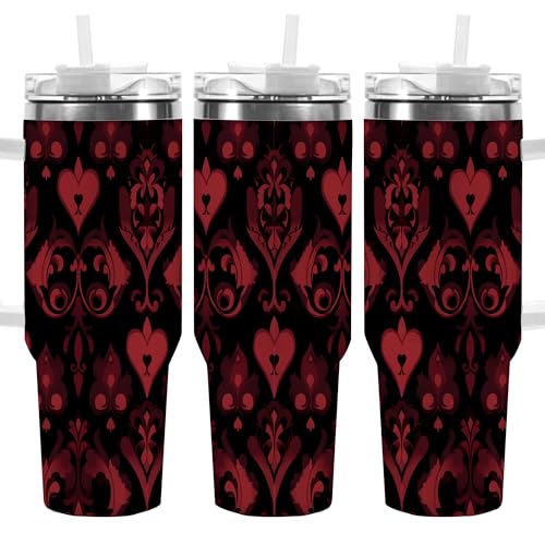 FOCIUZTA 40oz Deep Red Ornate Heart Pattern Tumbler with Lid, Travel Coffee Cup, Ideal for Easter, Gaming Enthusiast, Mother Day, and Birthday Gifts