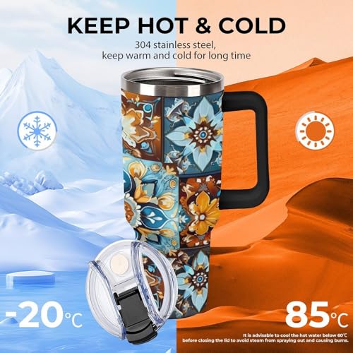 40 Oz Traditional Mexican Pattern Insulated Stainless Steel Tumbler with Handle & Straw Lid, Reusable Travel Cupholder Friendly Mug for Coffee, Water, Tea