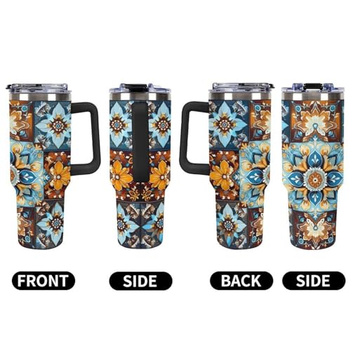 40 Oz Traditional Mexican Pattern Insulated Stainless Steel Tumbler with Handle & Straw Lid, Reusable Travel Cupholder Friendly Mug for Coffee, Water, Tea