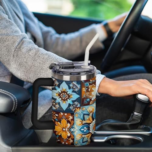 40 Oz Traditional Mexican Pattern Insulated Stainless Steel Tumbler with Handle & Straw Lid, Reusable Travel Cupholder Friendly Mug for Coffee, Water, Tea