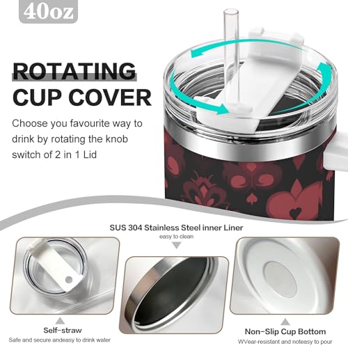 FOCIUZTA 40oz Deep Red Ornate Heart Pattern Tumbler with Lid, Travel Coffee Cup, Ideal for Easter, Gaming Enthusiast, Mother Day, and Birthday Gifts
