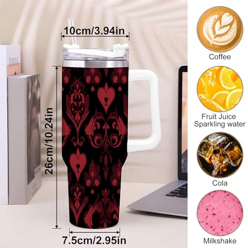 FOCIUZTA 40oz Deep Red Ornate Heart Pattern Tumbler with Lid, Travel Coffee Cup, Ideal for Easter, Gaming Enthusiast, Mother Day, and Birthday Gifts