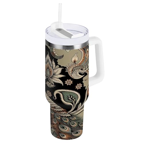 Maunzc 30 oz Tumbler with Handle and Straw, Insulated Stainless Steel Travel Mug with Lid for Coffee, Iced Tea, Water, Gift for Men Women (Peacock Paisley Textile)