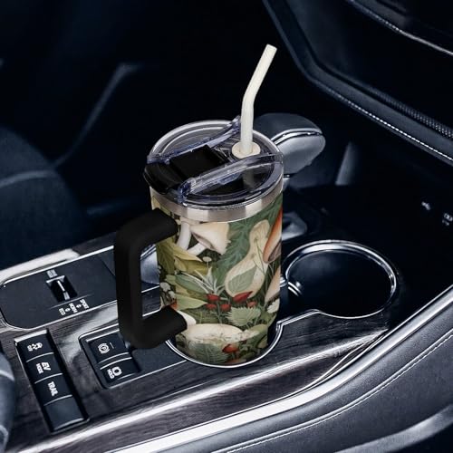 40 Oz Mushroom Plant Insulated Stainless Steel Tumbler with Handle & Straw Lid, Reusable Travel Cupholder Friendly Mug for Coffee, Water, Tea