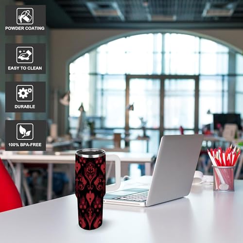 FOCIUZTA 40oz Deep Red Ornate Heart Pattern Tumbler with Lid, Travel Coffee Cup, Ideal for Easter, Gaming Enthusiast, Mother Day, and Birthday Gifts