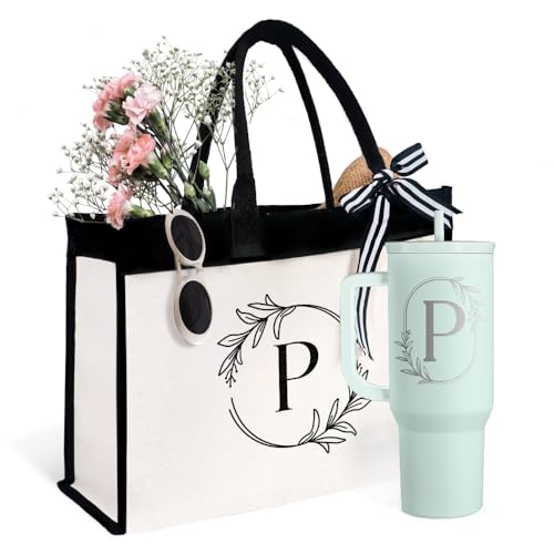 SANDJEST Stainless Steel Tumbler 40oz with Handle Initial P and Canvas Tote Bag