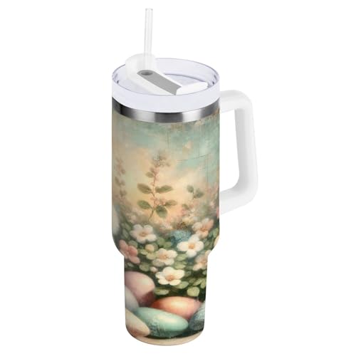 Maunzc 40 oz Tumbler with Handle and Straw, Insulated Stainless Steel Travel Mug with Lid for Coffee, Iced Tea, Water, Gift for Men Women (Cute Easter Bunny)