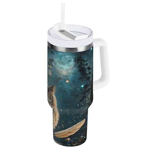 Maunzc 30 oz Tumbler with Handle and Straw, Insulated Stainless Steel Travel Mug with Lid for Coffee, Iced Tea, Water, Gift for Men Women (Owl Quill Night)