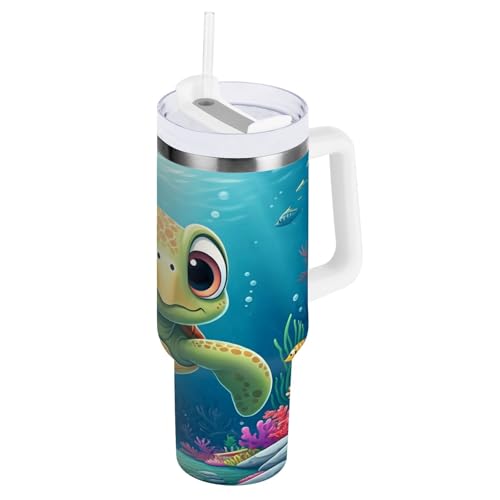 Maunzc 30 oz Tumbler with Handle and Straw, Insulated Stainless Steel Travel Mug with Lid for Coffee, Iced Tea, Water, Gift for Men Women (Cartoon Swimming Turtle)