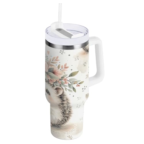 Maunzc 30 oz Tumbler with Handle and Straw, Insulated Stainless Steel Travel Mug with Lid for Coffee, Iced Tea, Water, Gift for Men Women (Watercolor Hedghog)