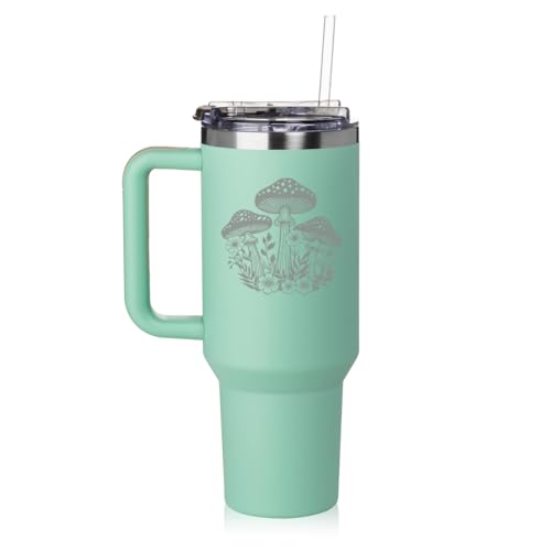 Daylor 40 oz Tumbler with Handle and Straw Lid Stainless Steel Insulated Travel Mug Cup Floral Mushrooms (Sea-Foam-Green)