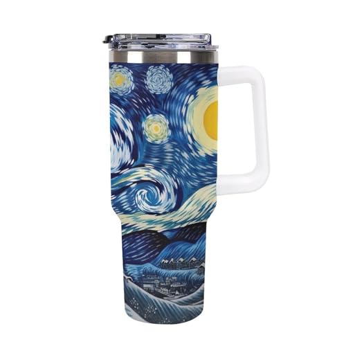 40 Oz Starry Night Insulated Stainless Steel Tumbler with Handle & Straw Lid, Reusable Travel Cupholder Friendly Mug for Coffee, Water, Tea