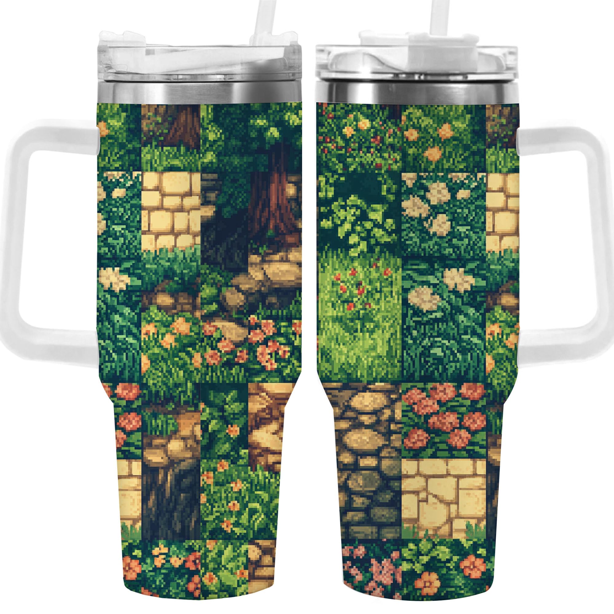 FOCIUZTA 40oz Pixel Art Nature Scenery Tumbler with lid, Travel Coffee Cup, Ideal for Easter, Gaming Enthusiast, Mother Day, and birthday gifts