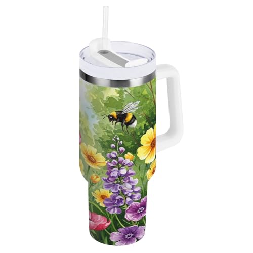Maunzc 40 oz Tumbler with Handle and Straw, Insulated Stainless Steel Travel Mug with Lid for Coffee, Iced Tea, Water, Gift for Men Women (Spring Flowers Watercolor)