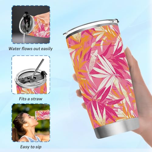 Pink Gold Leaf Stainless Steel water bottle with straw with Lid and Straw coffee mugs for gym simply tumbler with lid and straw 20 OZ