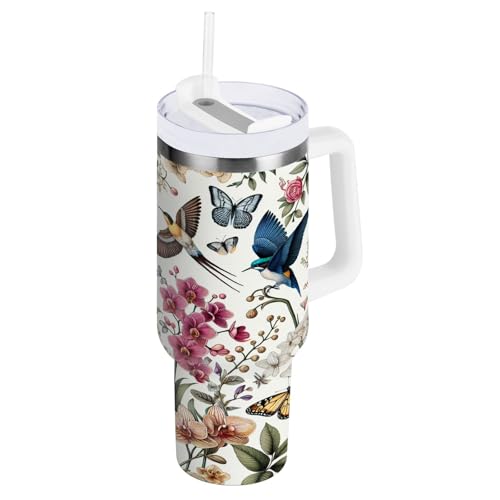 Maunzc 30 oz Tumbler with Handle and Straw, Insulated Stainless Steel Travel Mug with Lid for Coffee, Iced Tea, Water, Gift for Men Women (Botanical Textile Pattern)