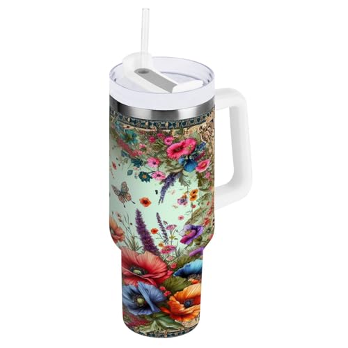Maunzc 30 oz Tumbler with Handle and Straw, Insulated Stainless Steel Travel Mug with Lid for Coffee, Iced Tea, Water, Gift for Men Women (Butterflies and Herbs)