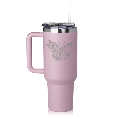 Daylor 40 oz Tumbler with Handle and Straw Lid Stainless Steel Insulated Travel Mug Cup Flower Butterfly (Purple)