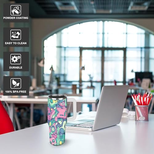 FOCIUZTA 40oz Vibrant Cartoonish Game Controller Pattern Tumbler with lid, Travel Coffee Cup, Ideal for Easter, Gaming Enthusiast, Mother Day, and birthday gifts