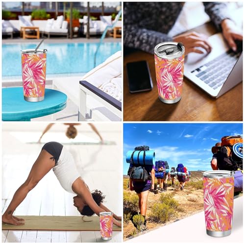 Pink Gold Leaf Stainless Steel water bottle with straw with Lid and Straw coffee mugs for gym simply tumbler with lid and straw 20 OZ