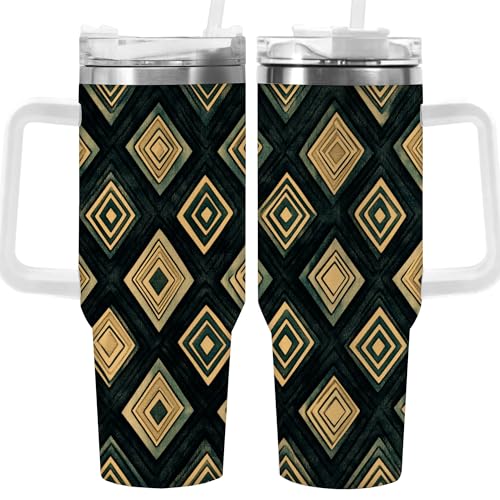 FOCIUZTA Vintage Gold Diamond Pattern Tumbler with lid, Travel Coffee Cup, Ideal for Easter, Gaming Enthusiast, Mother Day, and birthday gifts