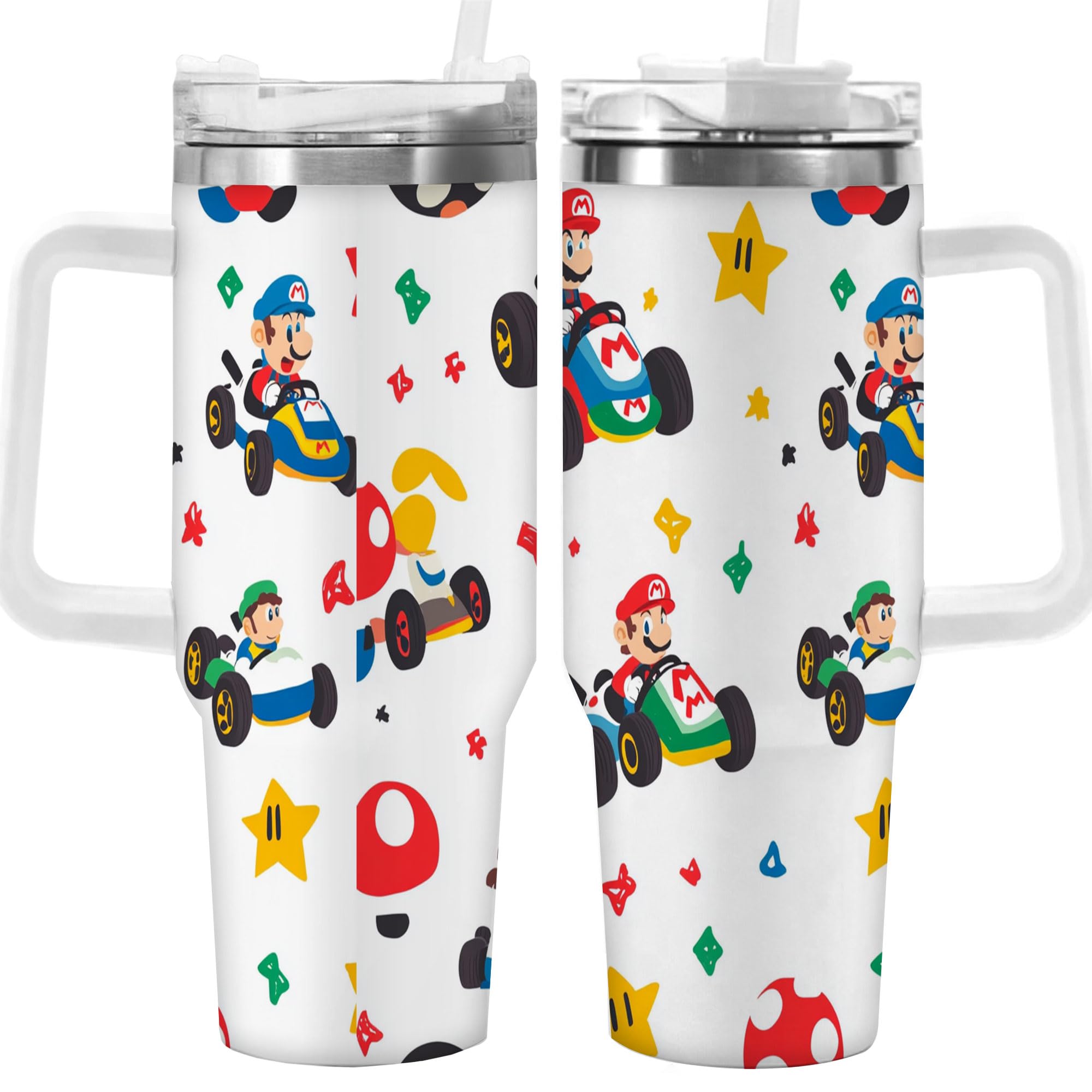 FOCIUZTA 40oz Playful Mario Kart Pattern Tumbler with Lid, Travel Coffee Cup, Ideal for Easter, Gaming Enthusiast, Mother Day, and Birthday Gifts