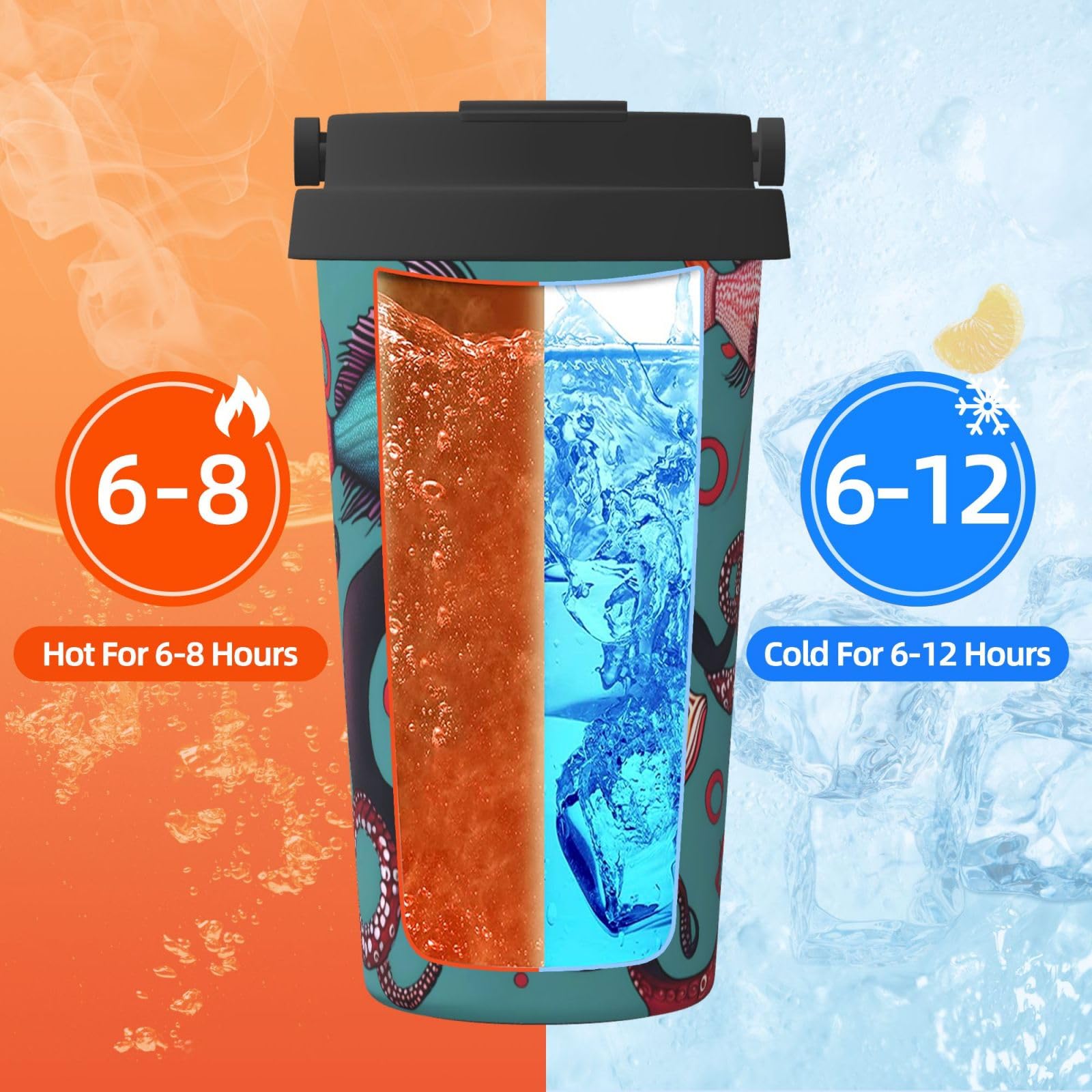 WANGXUEE Fish and Octopus Print 500ml Stainless Steel Travel Tumbler Double Wall Vacuum Insulated Coffee Mug