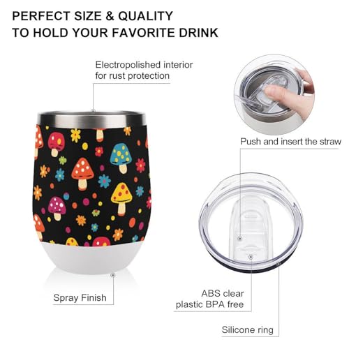 Rainbow Mushroom Funny Wine Tumbler 12 Oz Stainless Steel Insulated Mug Double Wall Water Cup with Lid