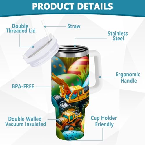 Maunzc 30 oz Tumbler with Handle and Straw, Insulated Stainless Steel Travel Mug with Lid for Coffee, Iced Tea, Water, Gift for Men Women (Easter Eggs in Grass)