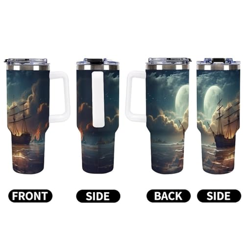 40 Oz Sailing Ship Insulated Stainless Steel Tumbler with Handle & Straw Lid, Reusable Travel Cupholder Friendly Mug for Coffee, Water, Tea