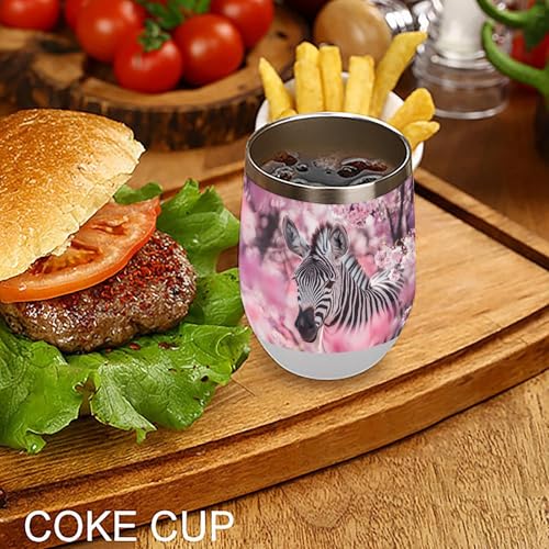 Zebra in Cherry Flowers Funny Wine Tumbler 12 Oz Stainless Steel Insulated Mug Double Wall Water Cup with Lid