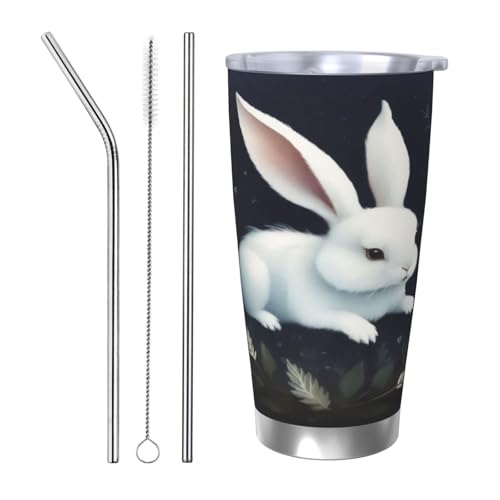 EKPRAVDKTF Cute White Rabbit 20oz Insulated Stainless Steel Tumbler With Lids And Straws, Double Wall Vacuum Travel Coffee Mug, Thermal Cup For Cold & Hot Drinks, Reusable Metal Straw & Brush