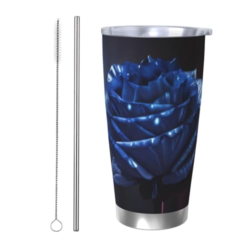 EKPRAVDKTF Blue Rose 20oz Insulated Stainless Steel Tumbler With Lids And Straws, Double Wall Vacuum Travel Coffee Mug, Thermal Cup For Cold & Hot Drinks, Reusable Metal Straw & Brush