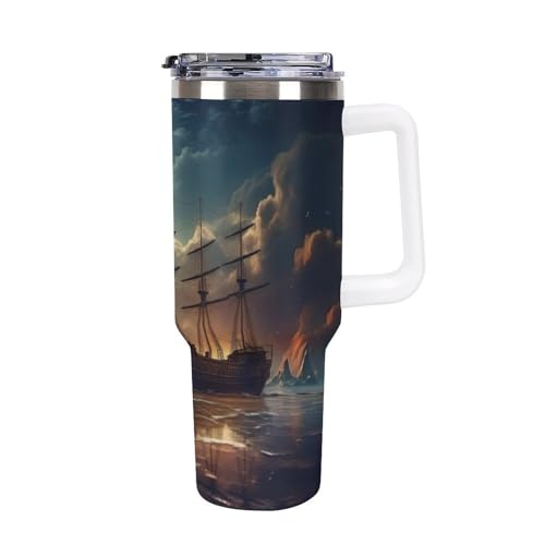 40 Oz Sailing Ship Insulated Stainless Steel Tumbler with Handle & Straw Lid, Reusable Travel Cupholder Friendly Mug for Coffee, Water, Tea