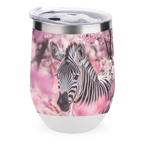 Zebra in Cherry Flowers Funny Wine Tumbler 12 Oz Stainless Steel Insulated Mug Double Wall Water Cup with Lid