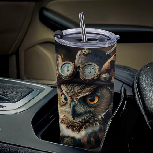 WNICELIN Steampunk Owl Retro Tumbler Insulated Travel Mug Stainless Steel Travel Tumbler Car Cup with Straw And Brush with Lid 20oz