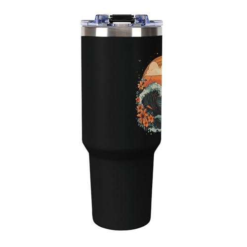 Hawaii Wave Palm Trees Floral Sunset 40oz Water Bottle Double Wall Insulated Tumbler with Handle Leakproof Travel Mug Deep Blue-style