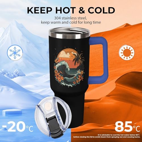 Hawaii Wave Palm Trees Floral Sunset 40oz Water Bottle Double Wall Insulated Tumbler with Handle Leakproof Travel Mug Deep Blue-style